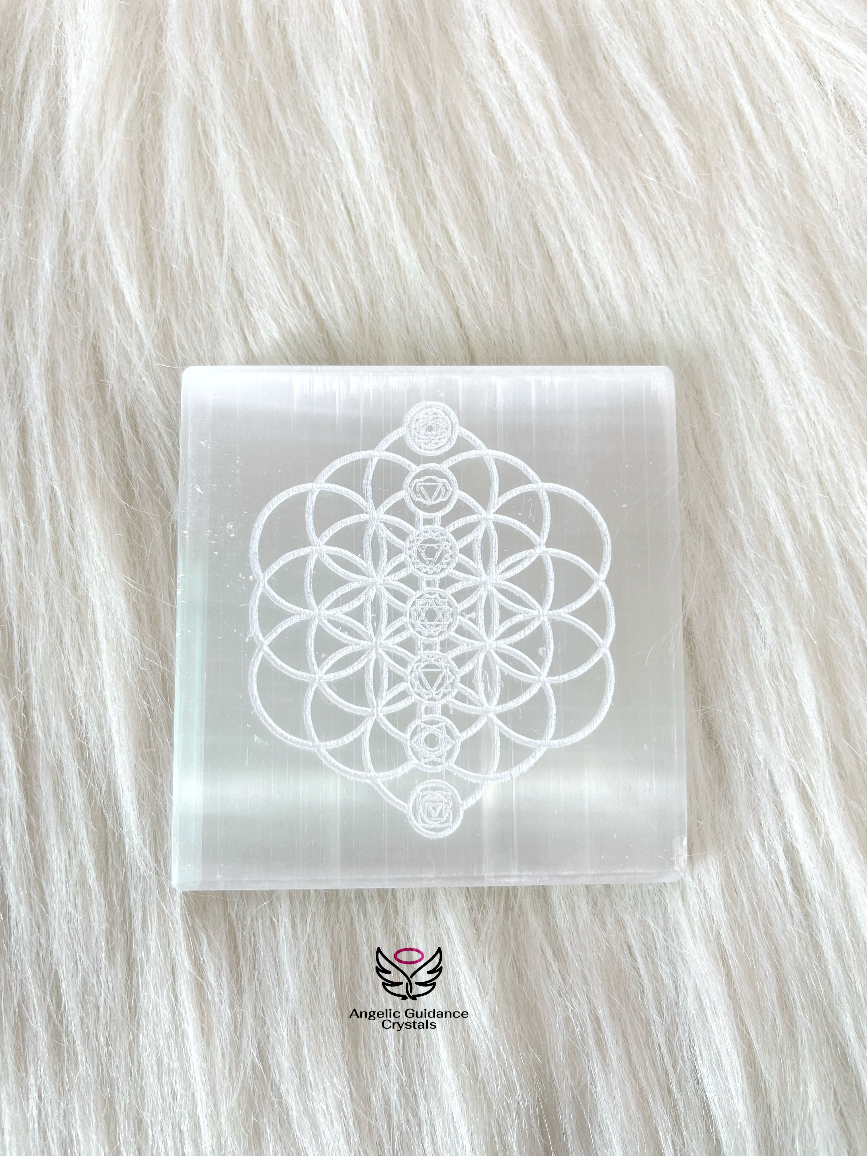 Selenite Seven Chakra Engraved Coaster Medium – Angelic Guidance Crystals